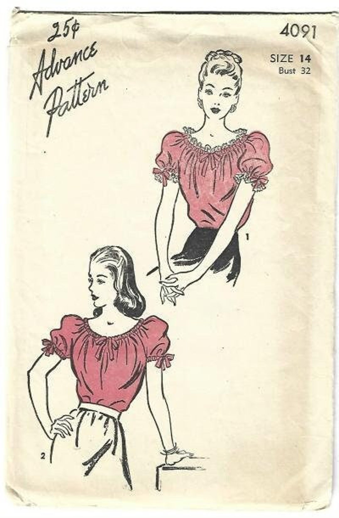 Advance 4091 1940s Peasant Blouse Scoop Neckline Puff Sleeves ...