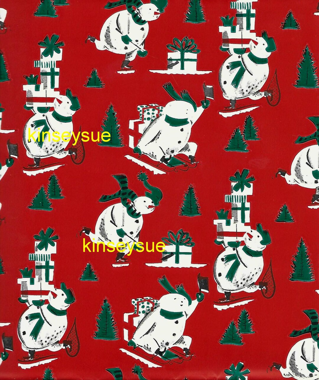 Vintage Christmas Wrapping Paper Busy Snowman Snow Shoes Sledding ...