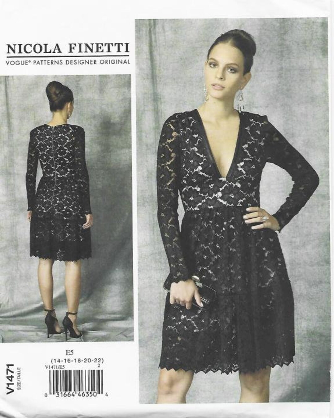 Vogue 1471 Designer Cocktail Dress Plunging V Neckline Long Sleeves Hem ...