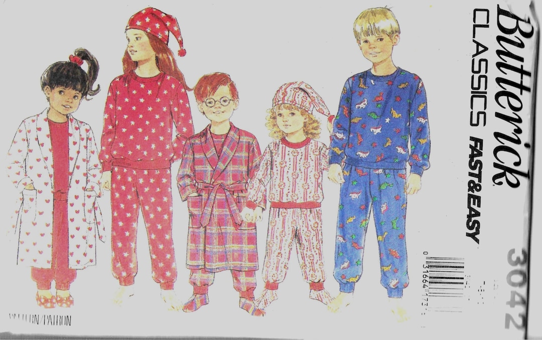 1990s Children's Nightwear Pajamas Robe Hat Booties Butterick 3042 ...
