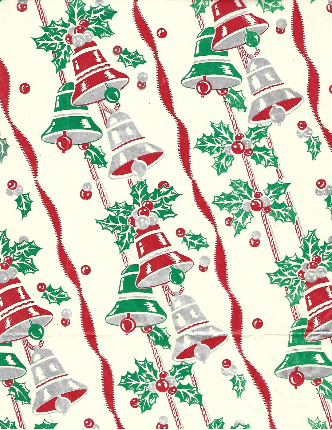 1940s Vintage Christmas Tissue Paper/wrapping Paper Bells Red Ribbon ...