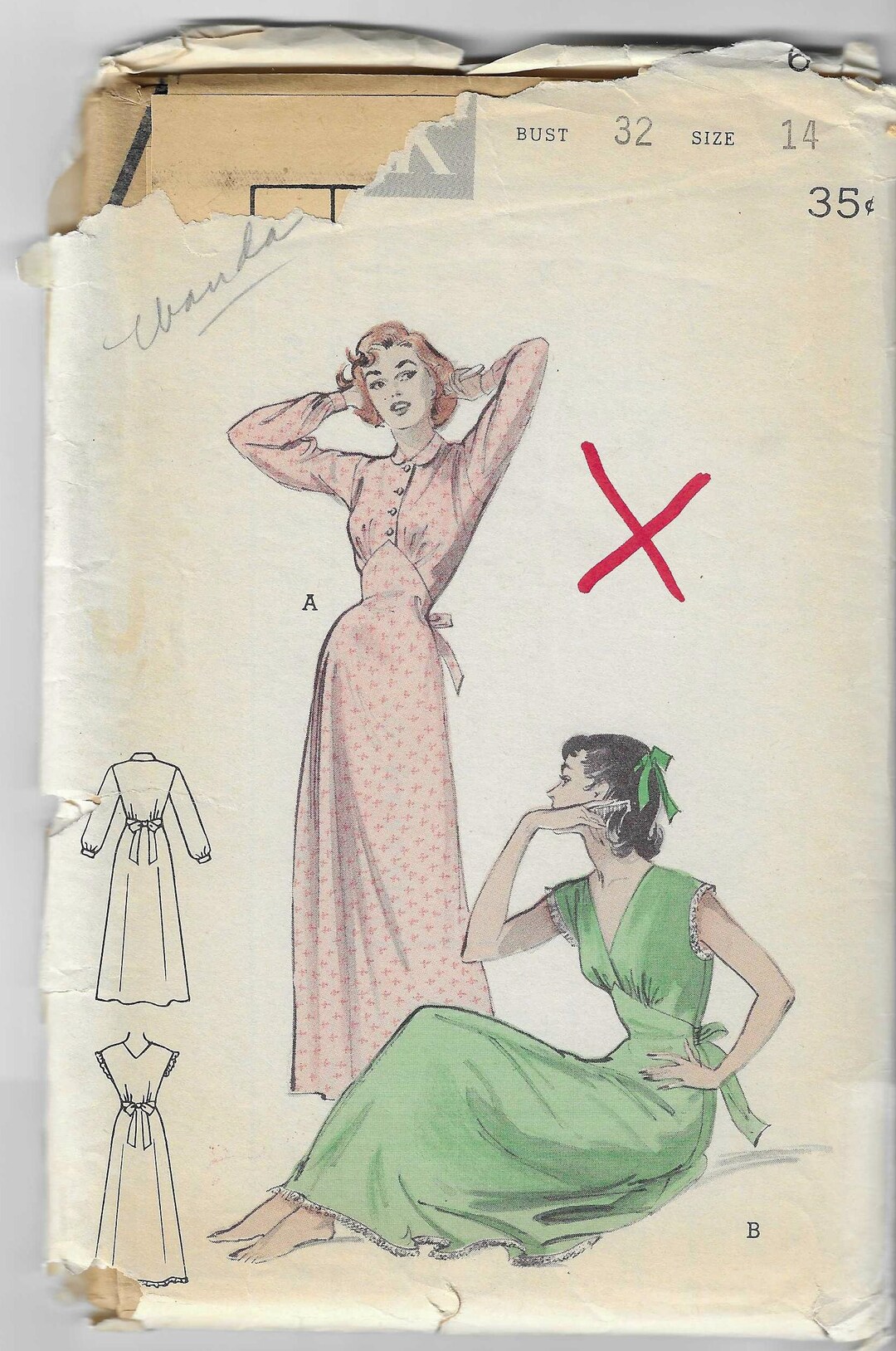 Butterick 6751 1950s Nightgown High Midriff Sleeve Variations UNCUT ...