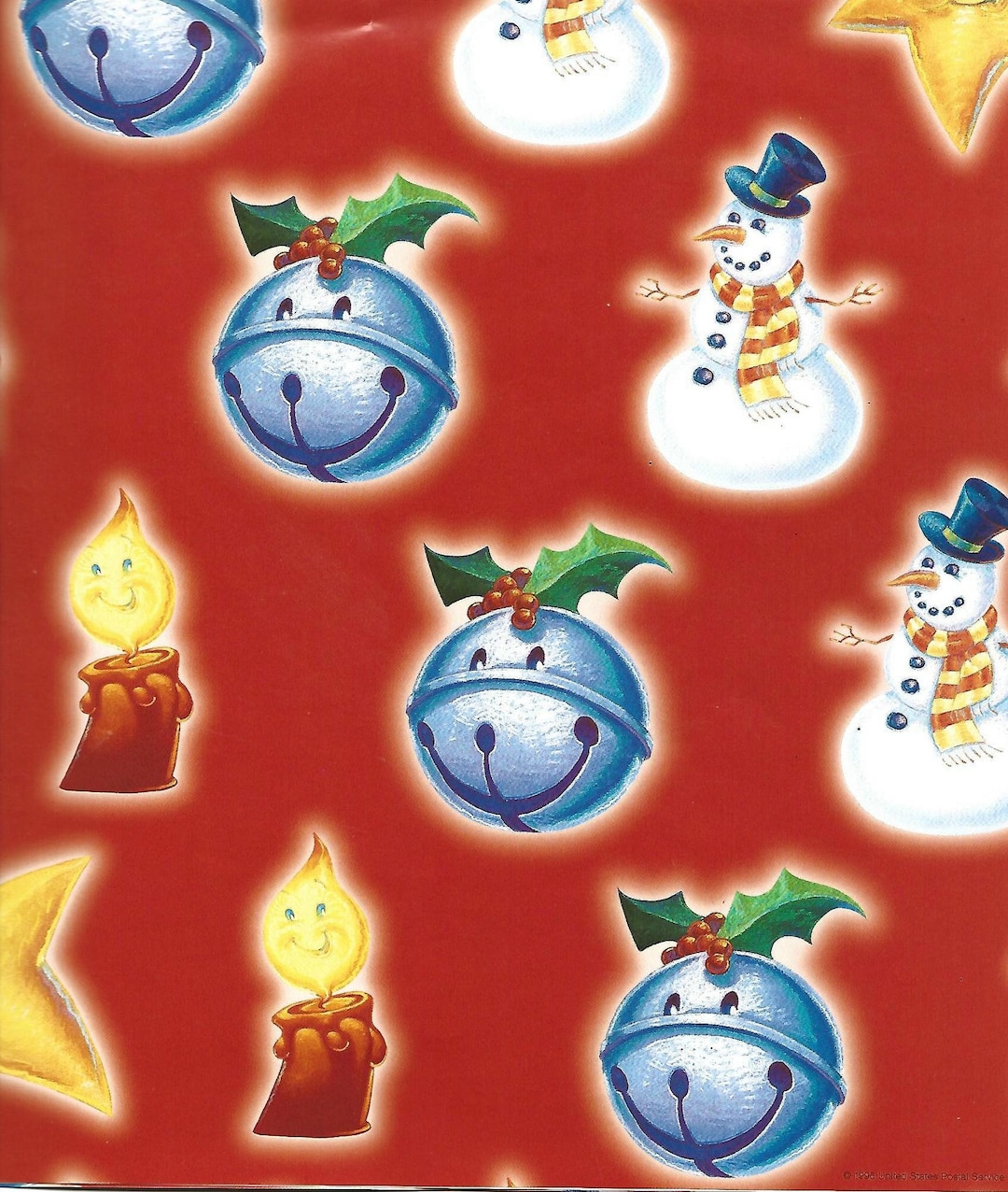 1990s Christmas Wrapping Paper Snowmen Stars Candles Jingle Bells From ...