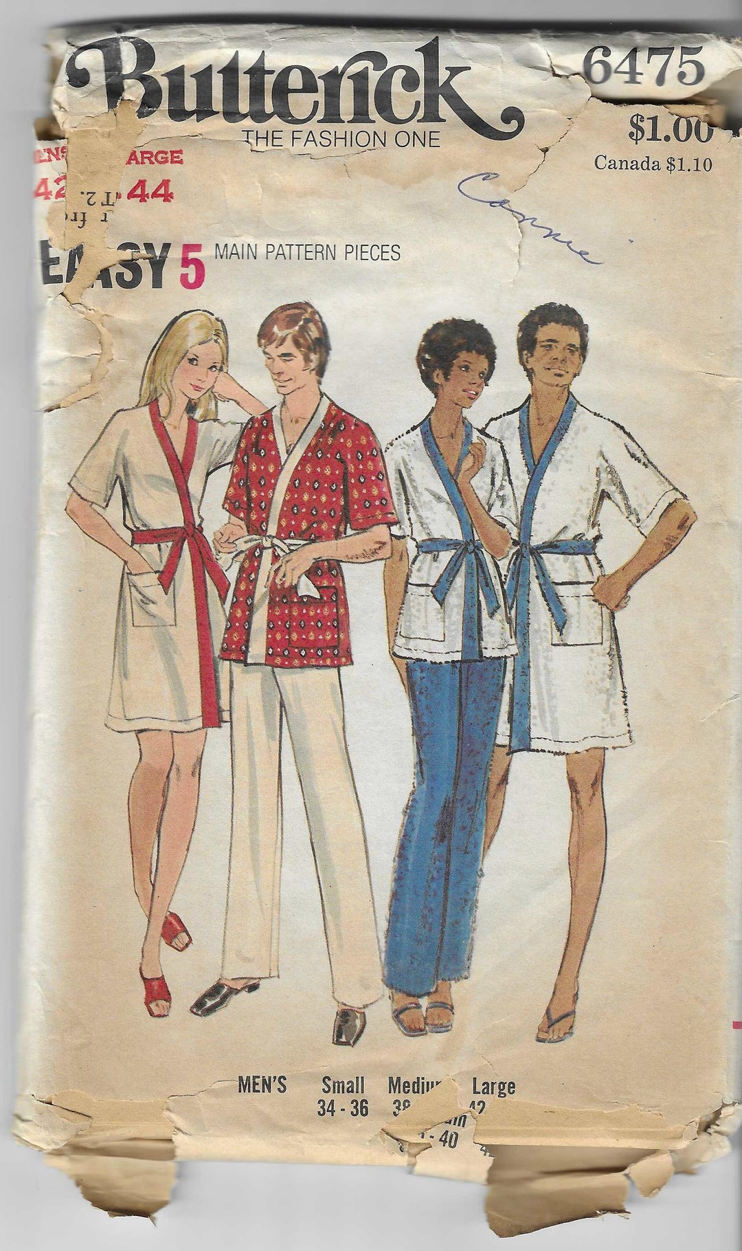 Butterick 6475 UNCUT FF 1970s Men's Robe in Two Lengths Size Large ...