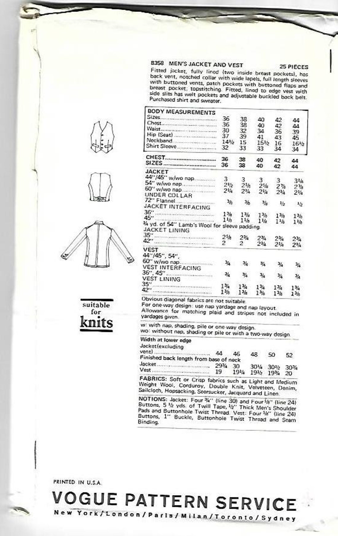 Vogue 8358 UNCUT FF 1970s Mens Jacket Pattern With Wide Notched Lapels ...