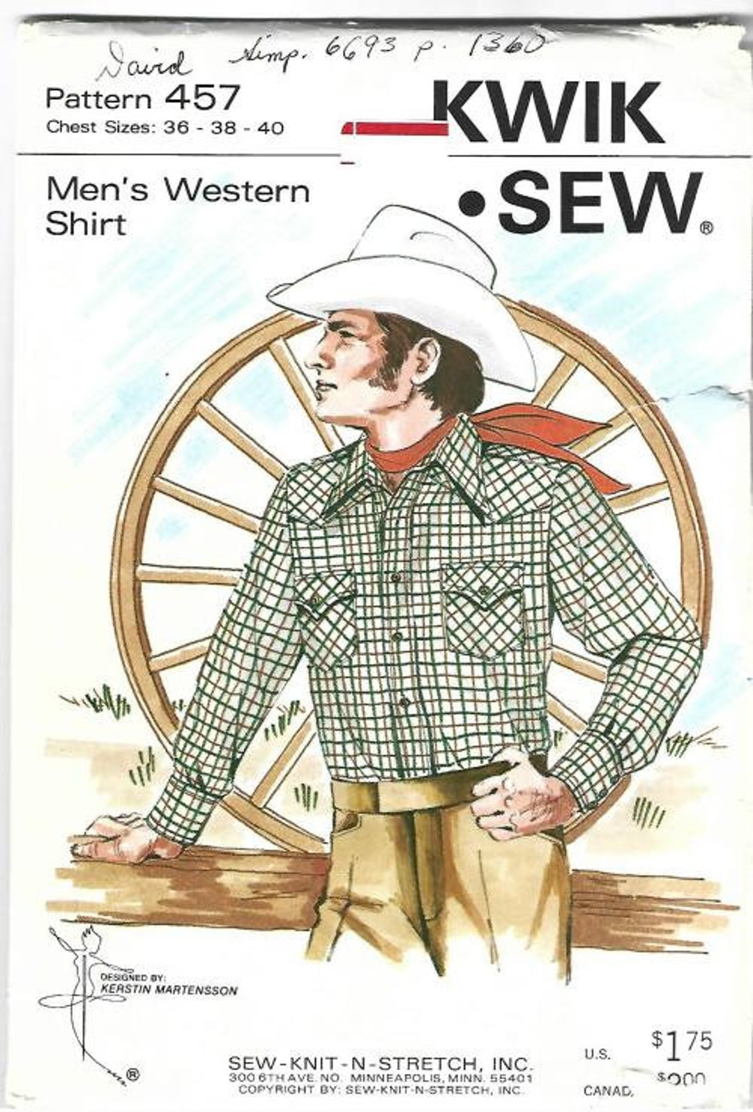 1970s Men's Western Shirt Sewing Pattern With Yoke Long Sleeves Barrel Cuffs Kwik Sew 457 UNCUT ...