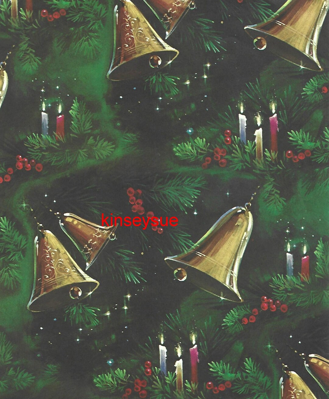 Vintage Norcross Christmas Wrapping Paper Gold Bells Candles Pine ...