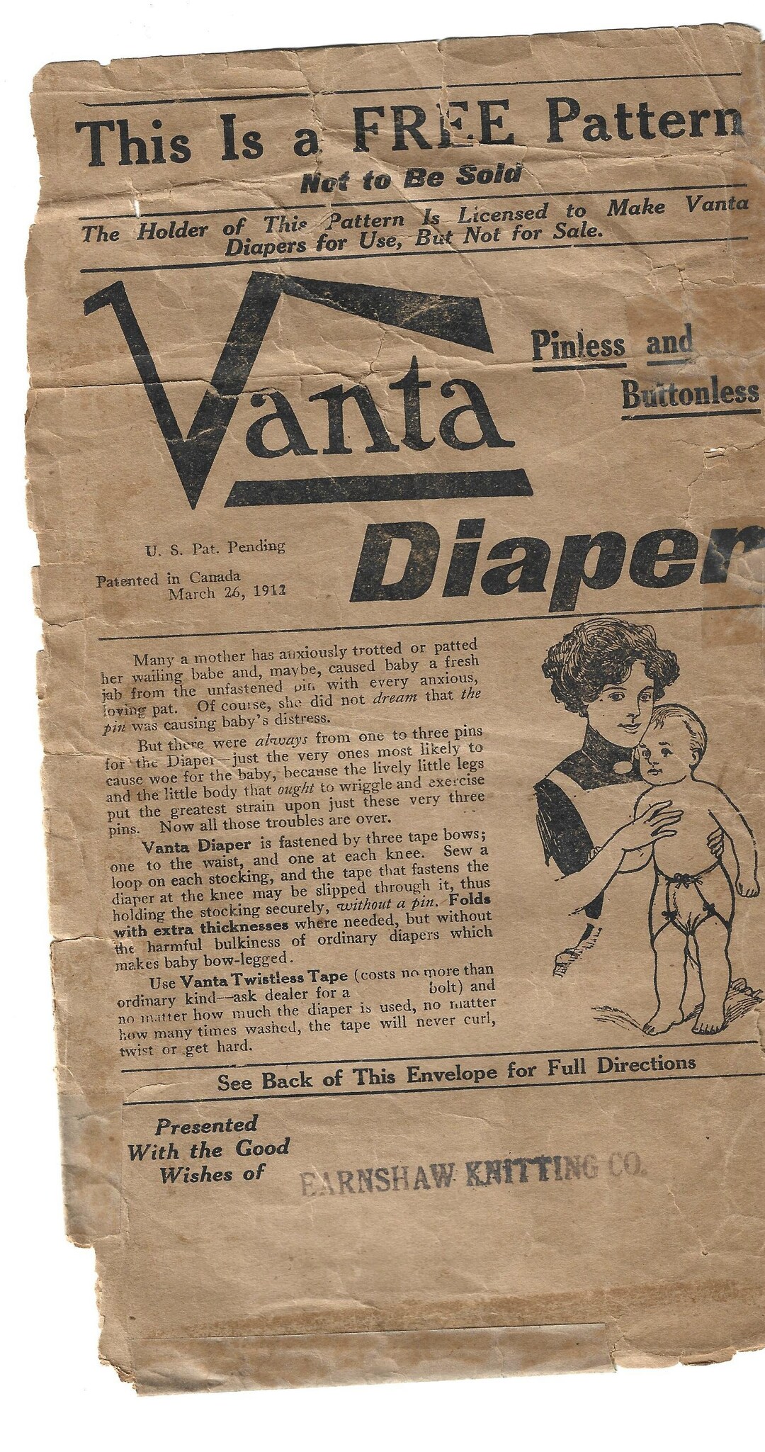 Vanta Diaper Pattern 1900s Pinless and Buttonless Cloth Diaper Infants ...