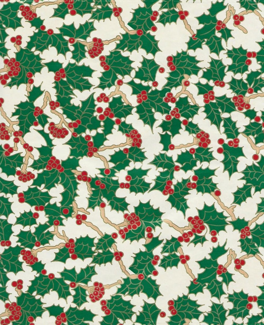 Vintage Christmas Wrapping Paper Holly and Berries With Branches on ...