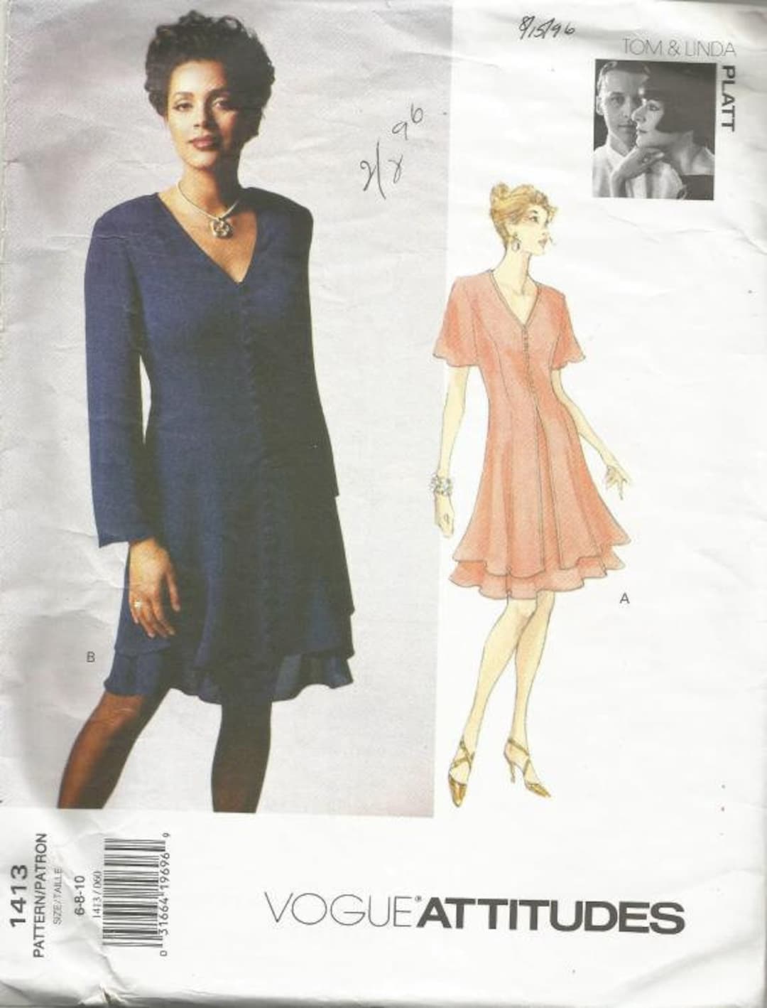 Vogue 1413 1990s Flared Cocktail Dress V Neck Short or Long Sleeves ...