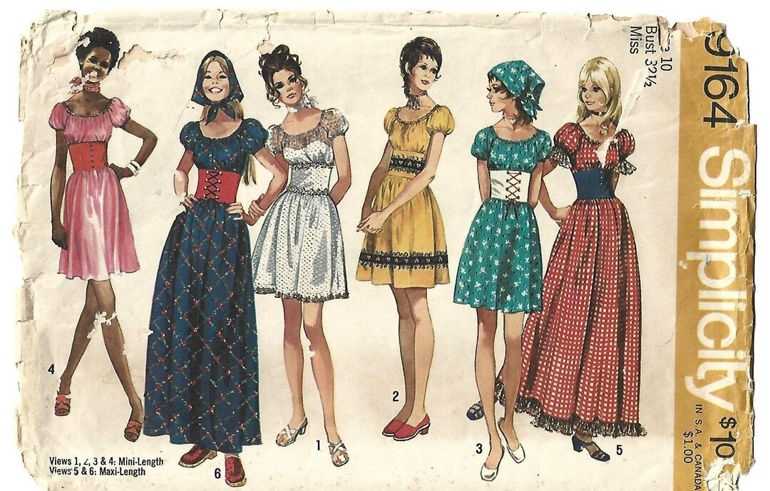 1970s Peasant Dress in 2 Lengths Midriff Section & Scarf Simplicity ...