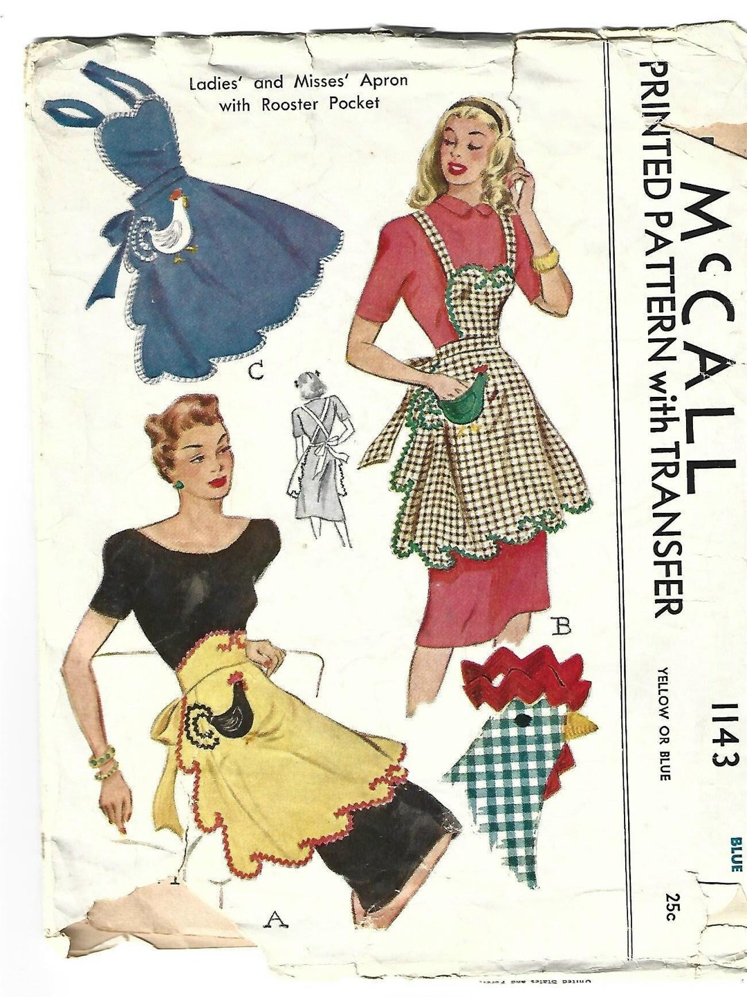 1940s Women's Apron Pattern With Rooster Pocket Three Different Styles ...