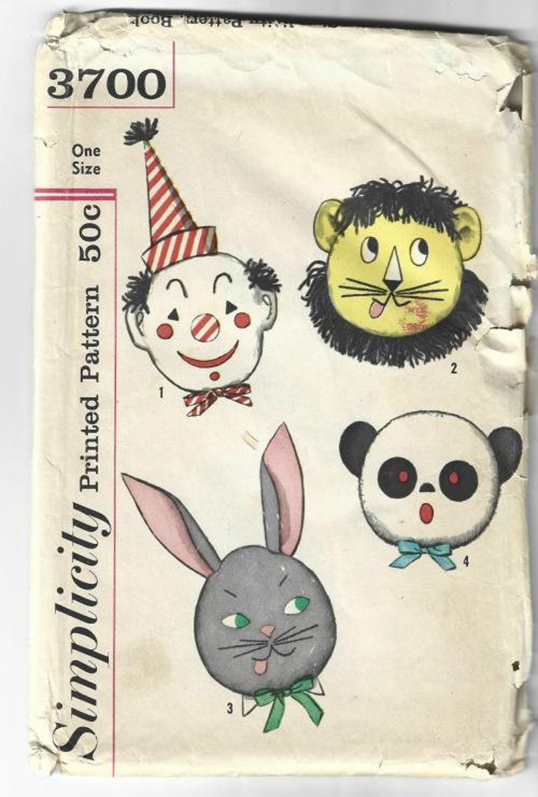 Simplicity 3700 1960s Children's Pillows Clown Lion Panda Bear Bunny ...