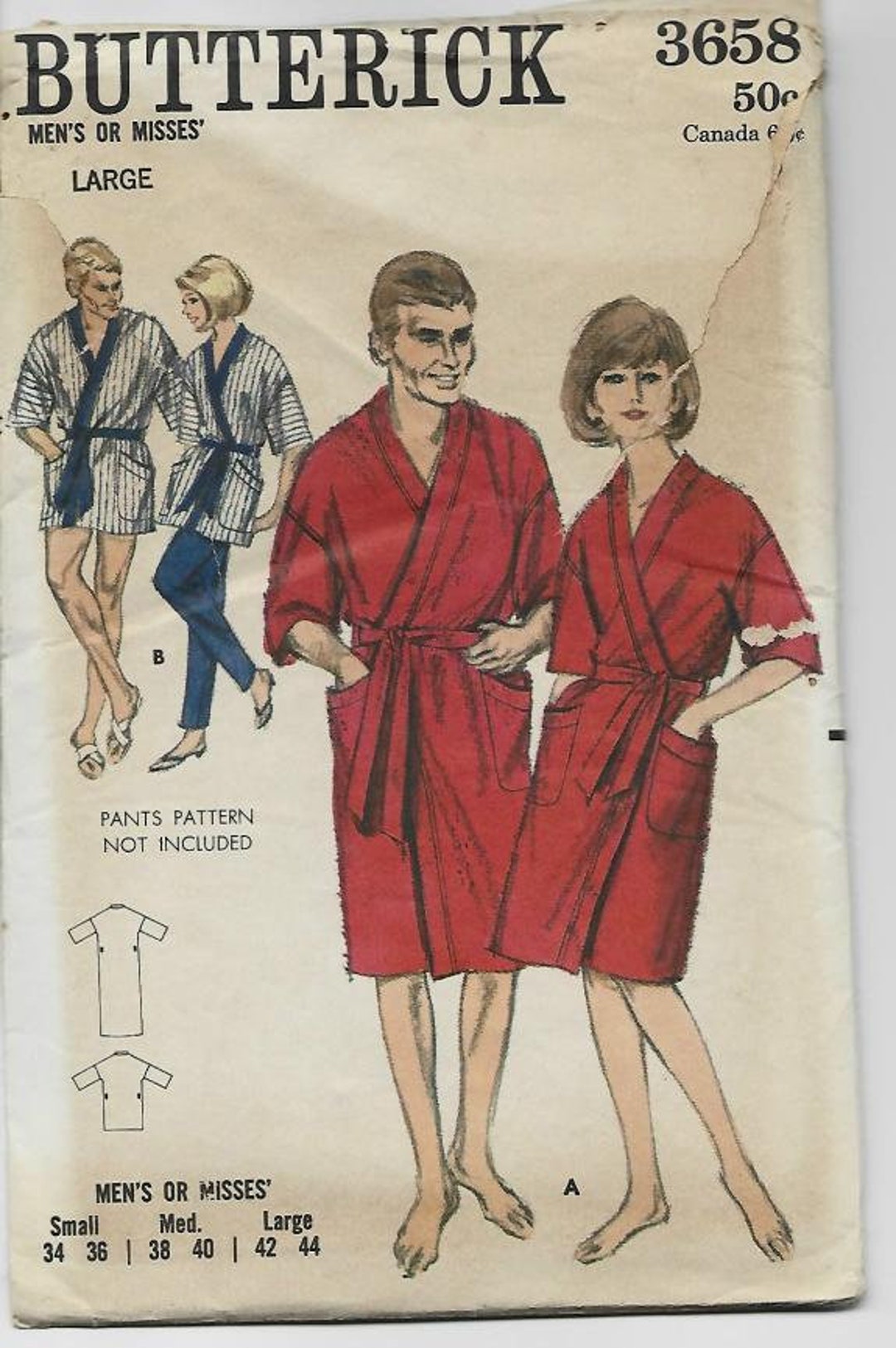 Butterick 3658 1960s Kimono Style Robes Women's or Men's Two Lengths ...