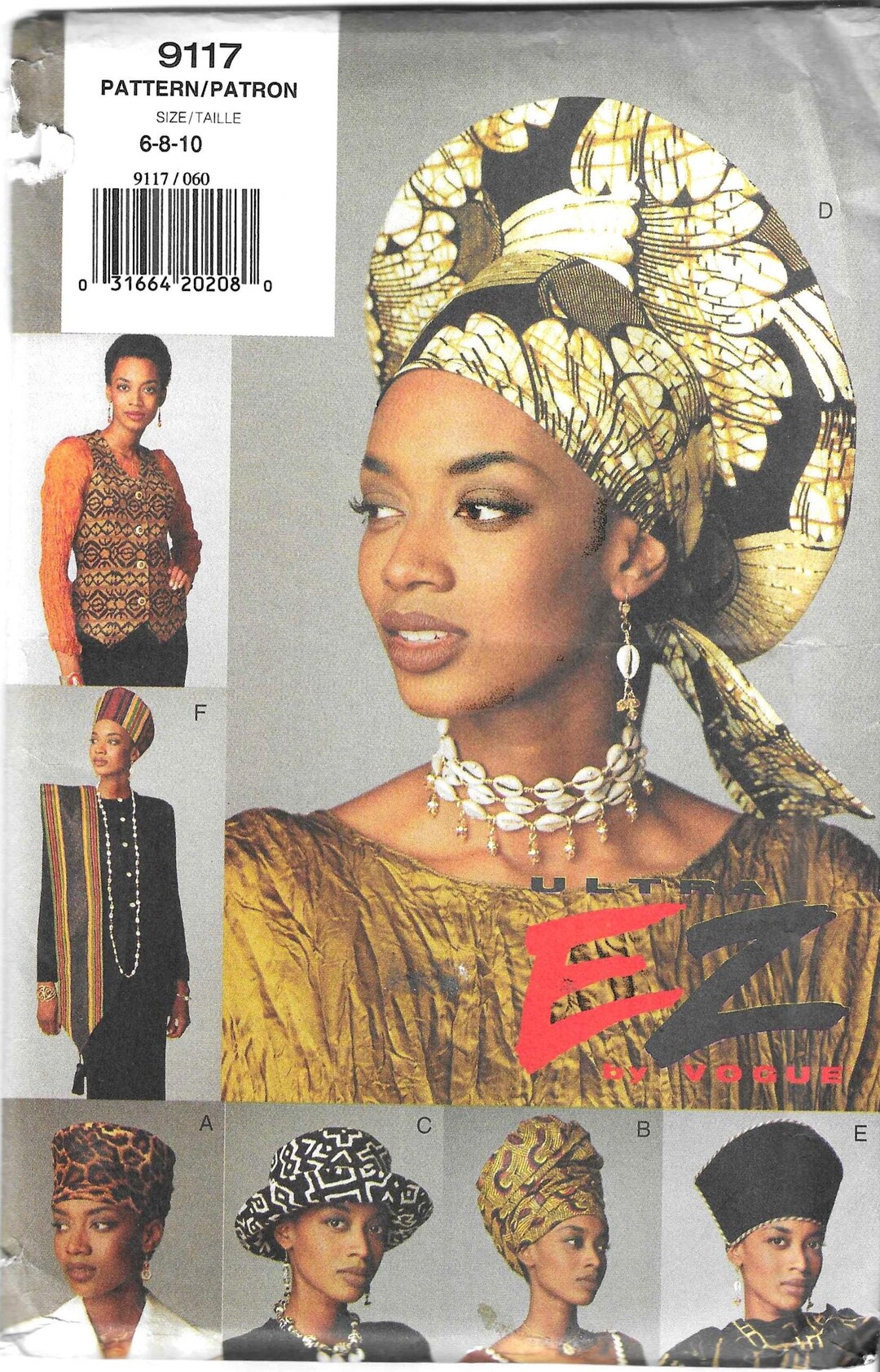 1990s Misses' Afrocentric Hats Headwraps Vest and Stole Vogue 9117 ...