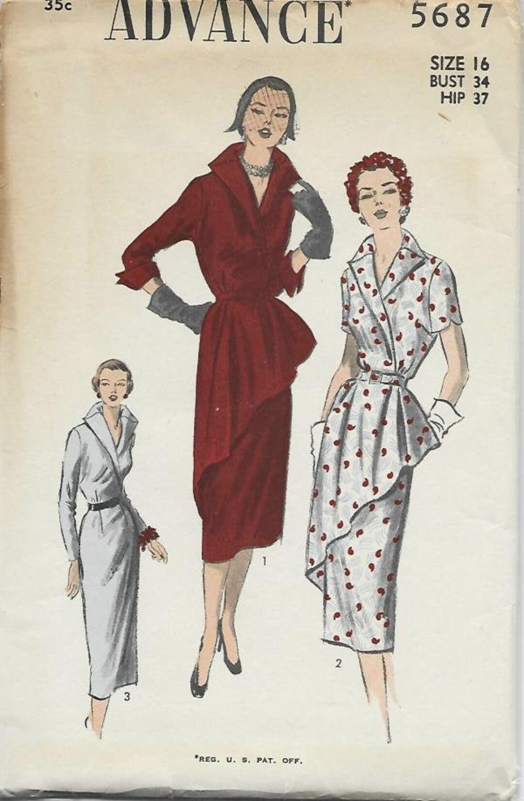 Advance 5687 1950s Sheath With Front Drape Cascade Shawl Collar Sleeve ...