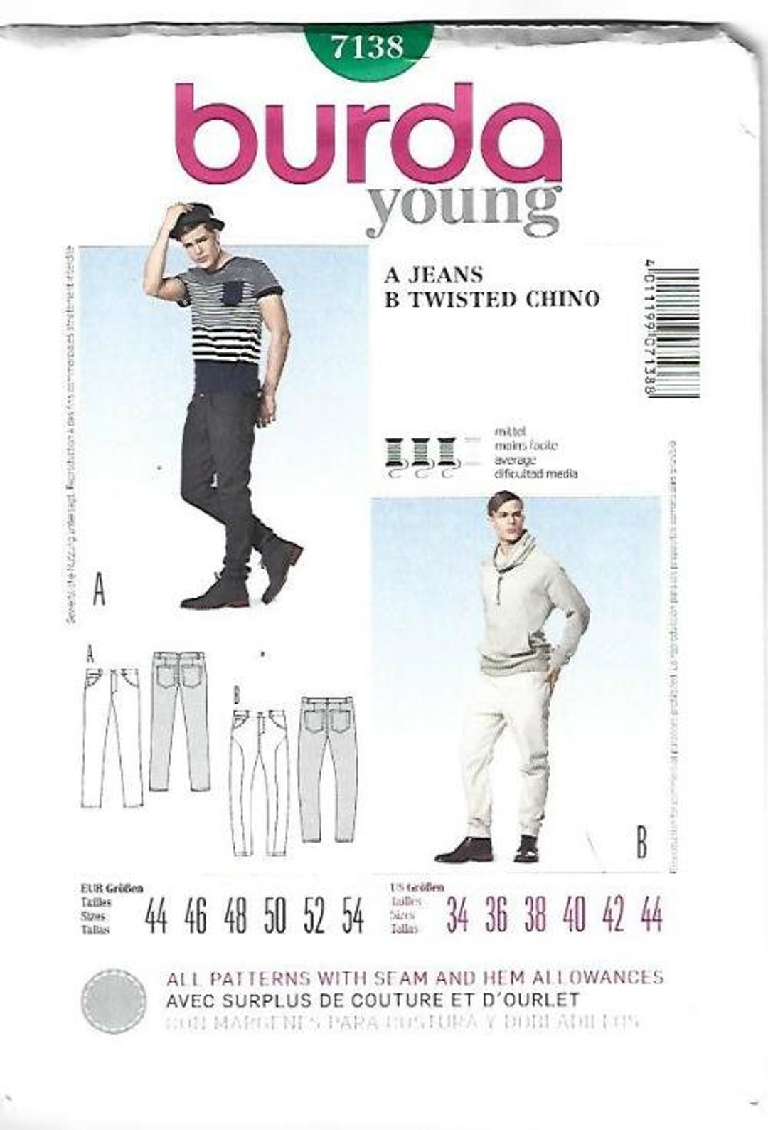Burda 7138 Jeans and Twisted Chinos Waist 34-36-38-40-42-44 UNCUT FF ...