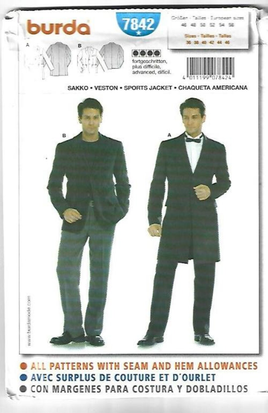 Burda 7842 UNCUT FF 1980s Men's Jacket Sewing Pattern Formal or Casual ...