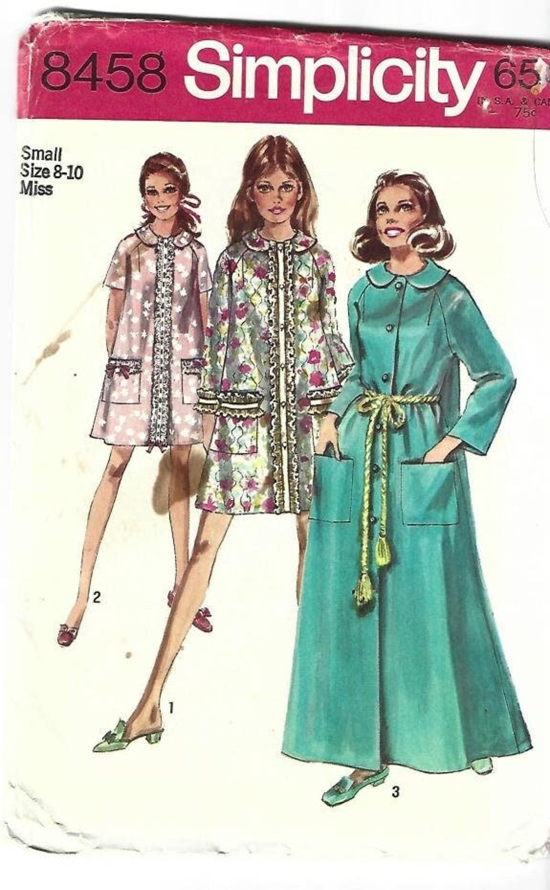 Simplicity 8458 1960s Misses' Lingerie Robe in Two Length Sleeve Length Variations Size Small ...