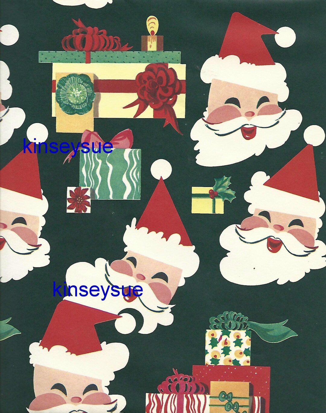 Vintage Christmas Wrapping Paper Santa Face and Presents on Black Ca ...