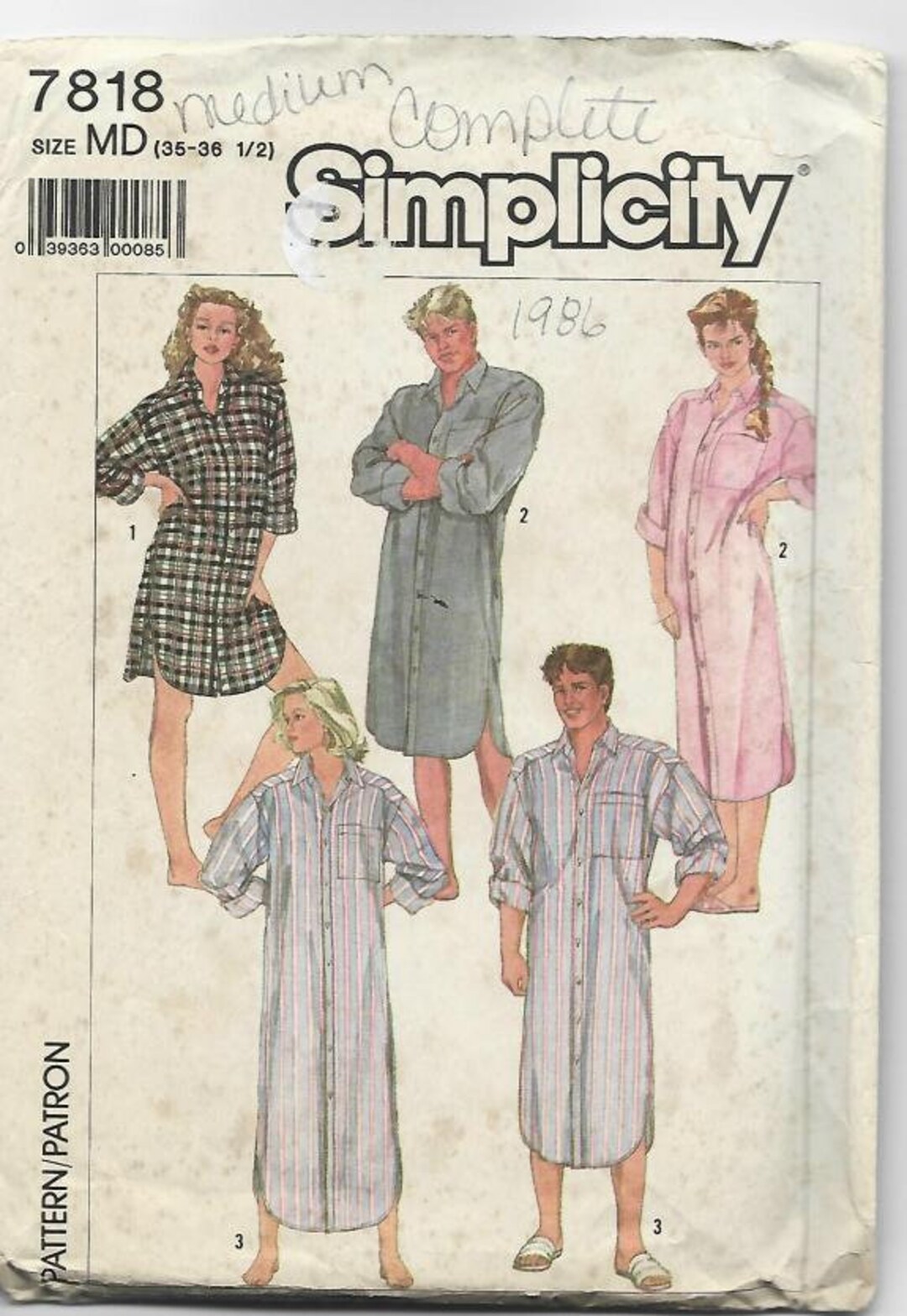 Simplicity 7818 C/C 1980s Loose Fitting Nightshirts Womens, Mens, Teens ...