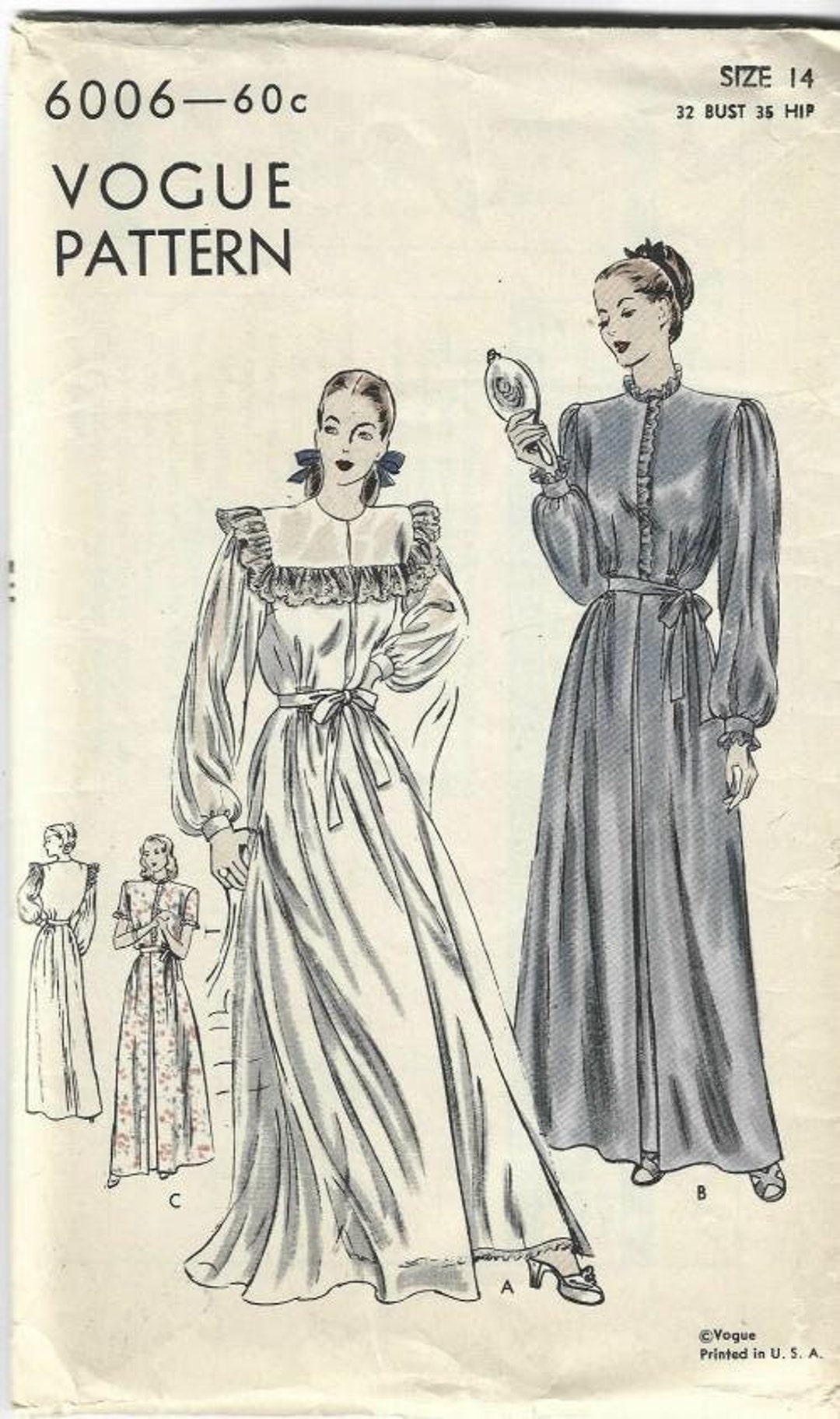 Vogue 6006 1940s Evening Length Robe Negligee Easy to Make Two Styles ...