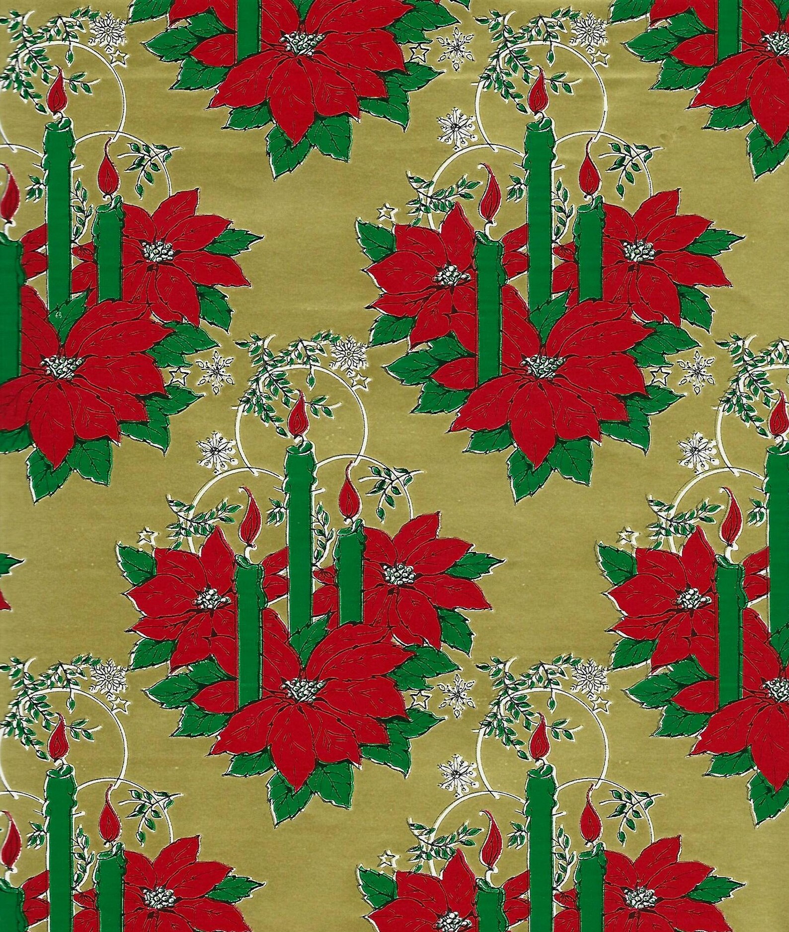 Vintage Christmas Wrapping Paper Green Christmas Candles Poinsettias on ...
