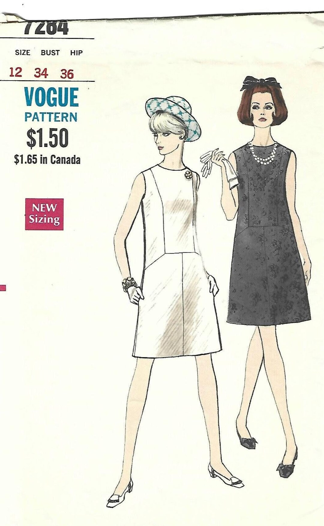 Vogue 7284 1960s Sleeveless Dress Seaming Details Cocktail Dress Bust ...