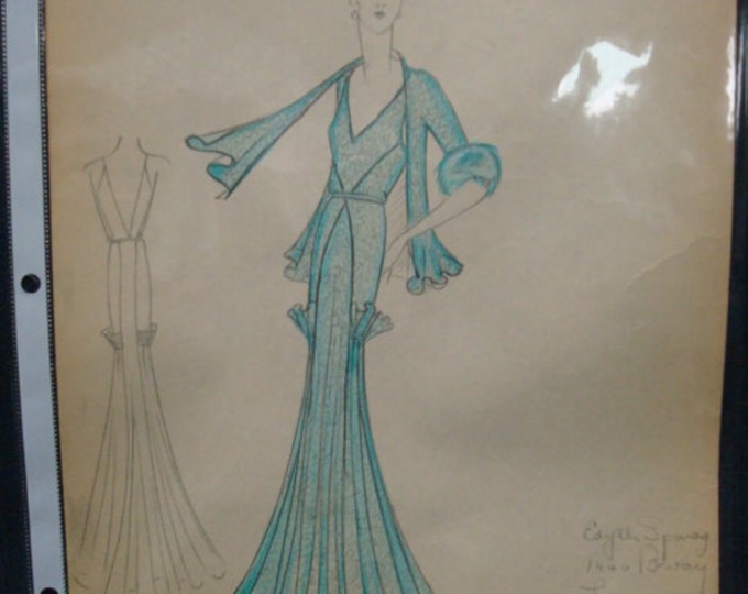 1930s Edyth Sparag Hand Colored Dress Design 1930s Art Deco Evening ...