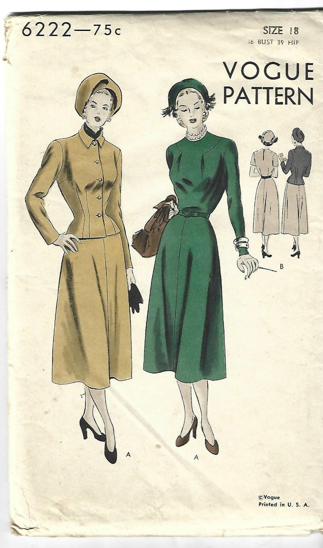 Vogue 6222 1940s Misses' Dress Front Yoke Sleeve Variations Flared ...