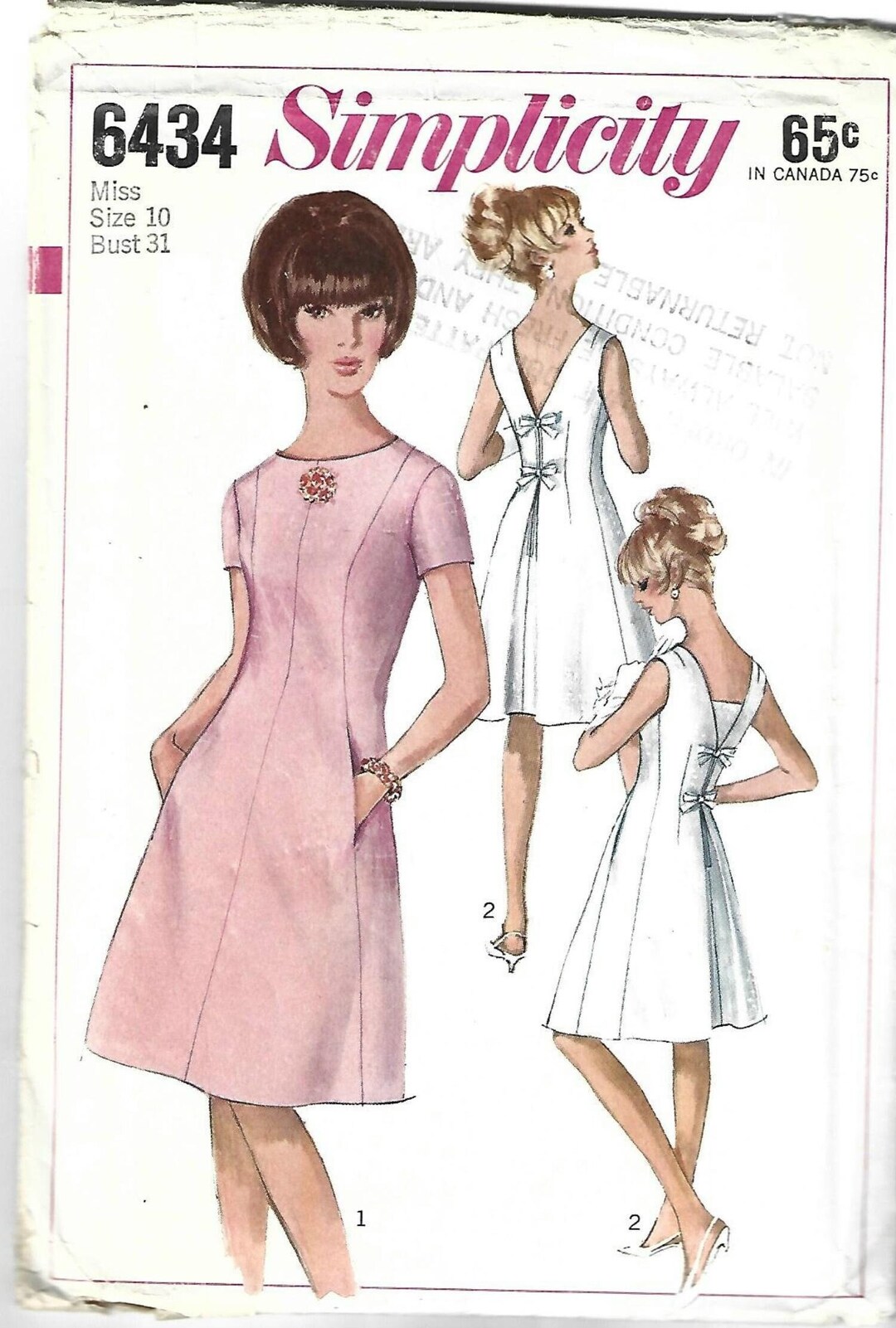 Simplicity 6434 1960s Cocktail Dress Back V Neckline Sleeve Variations ...