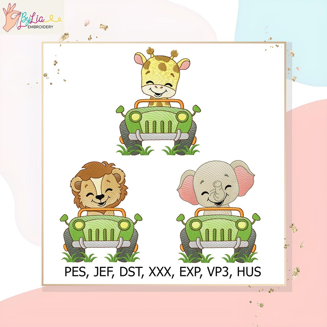 Safari Animals Embroidery Design Set – Giraffe Lion Elephant Jeep ...