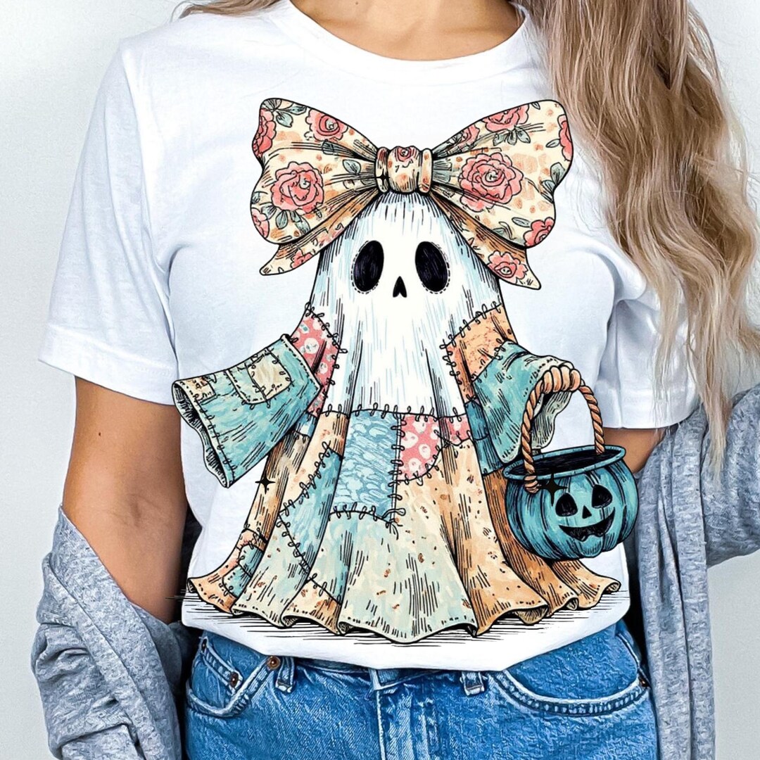 Retro Halloween Blue Denim Ghost Png, Trendy Patchwork Spooky Ghost Png ...