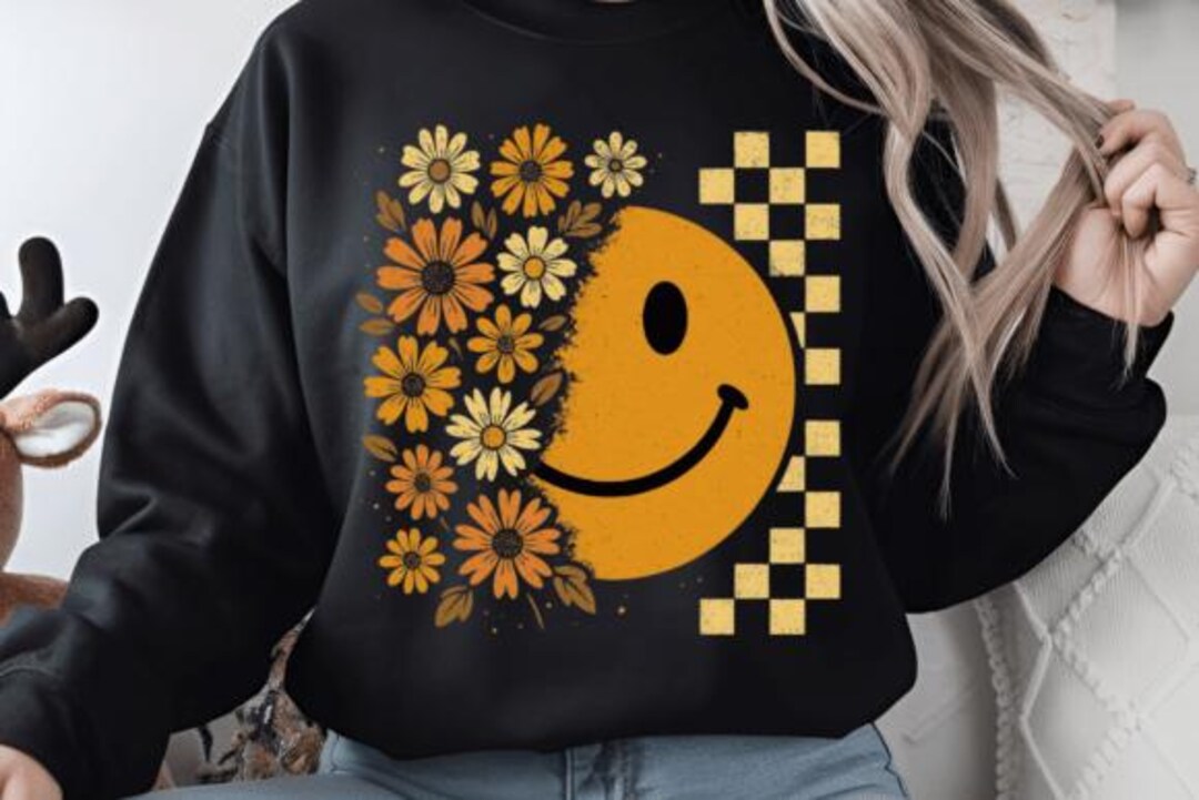 Retro Fall Smiley Face PNG: Floral Grunge Autumn Design (digital ...