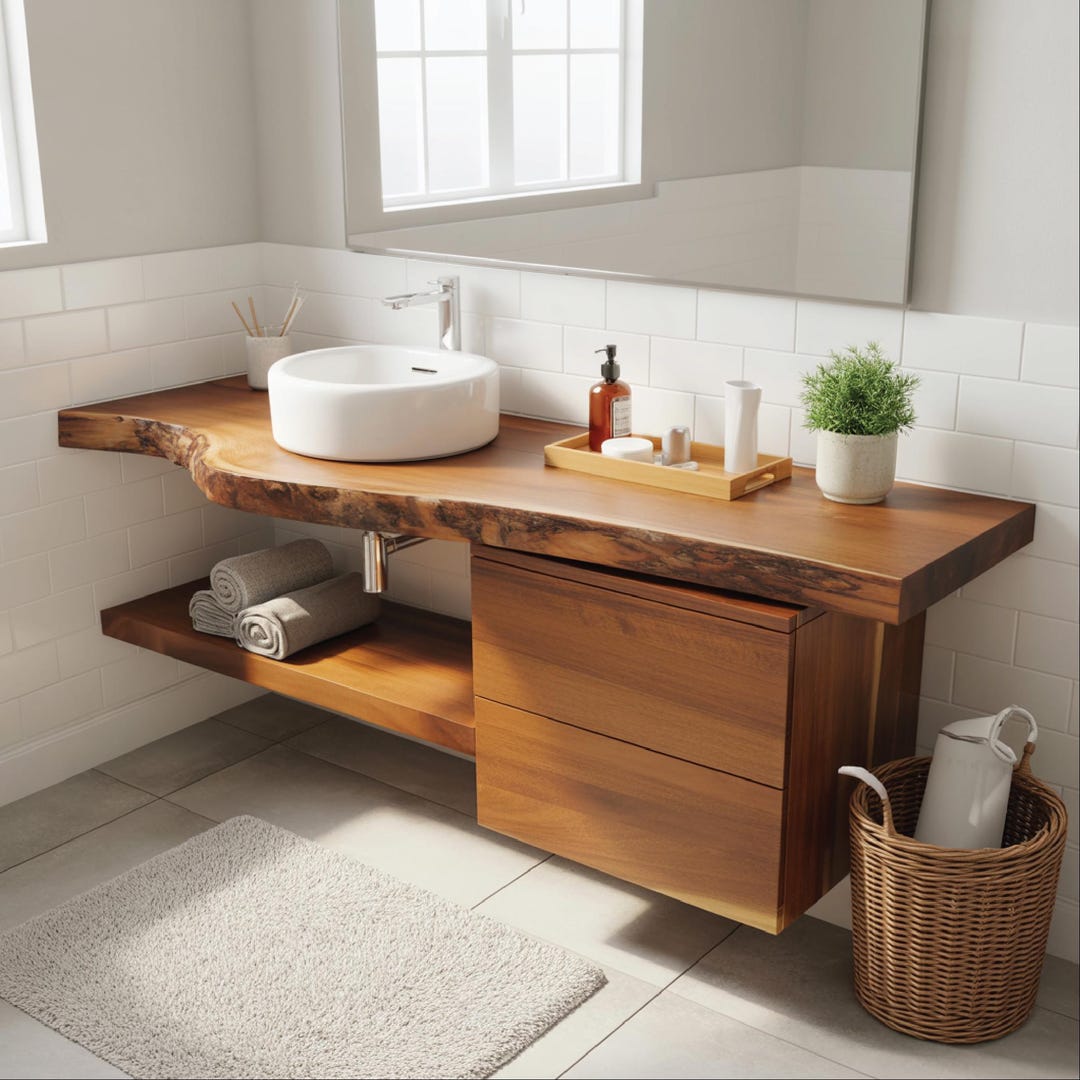 Handcrafted Solid Wood Floating Vanity With Live Edge Top, Modern Wall ...