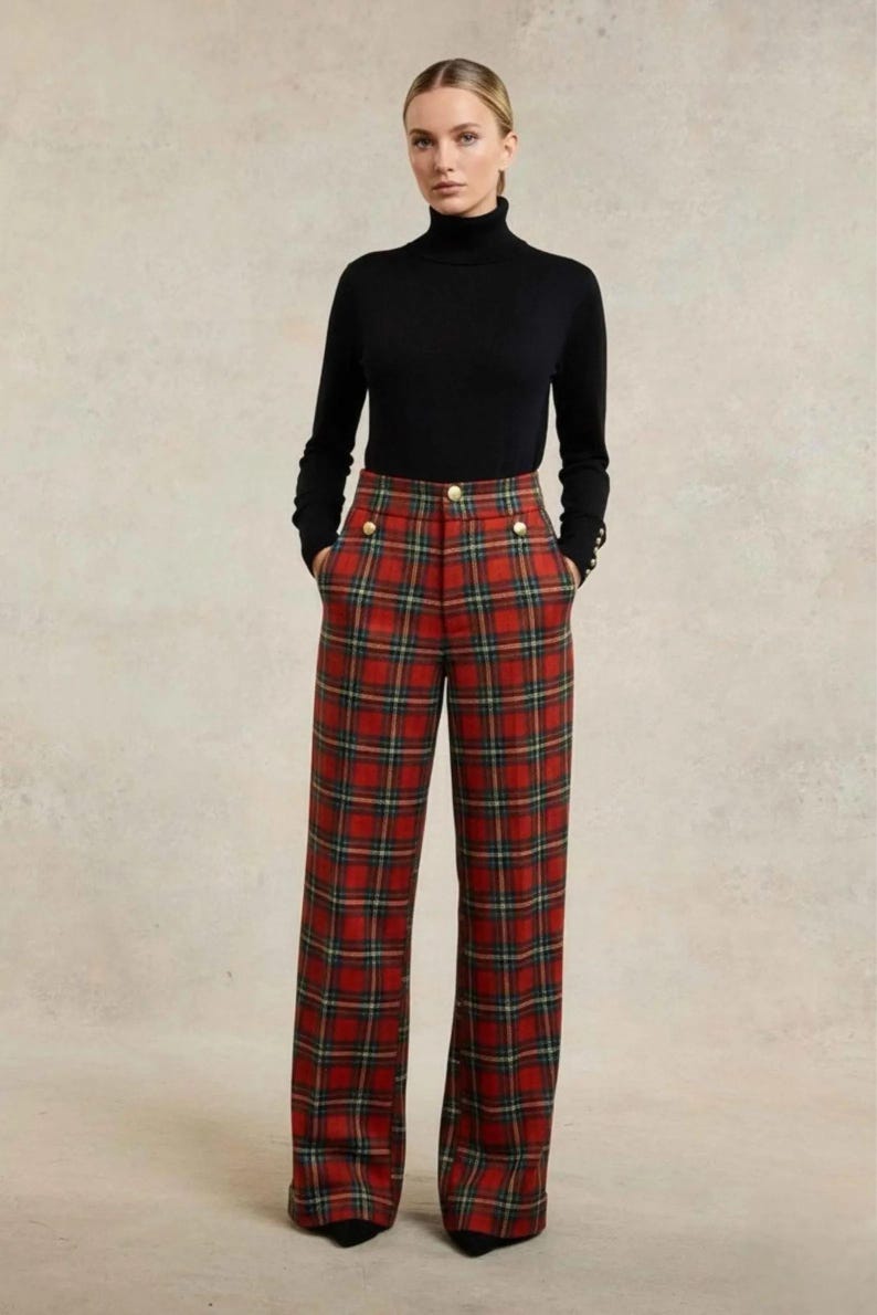 Women's Wide Leg Tartan Trouser High Waist Plaid Fashion Pants ...