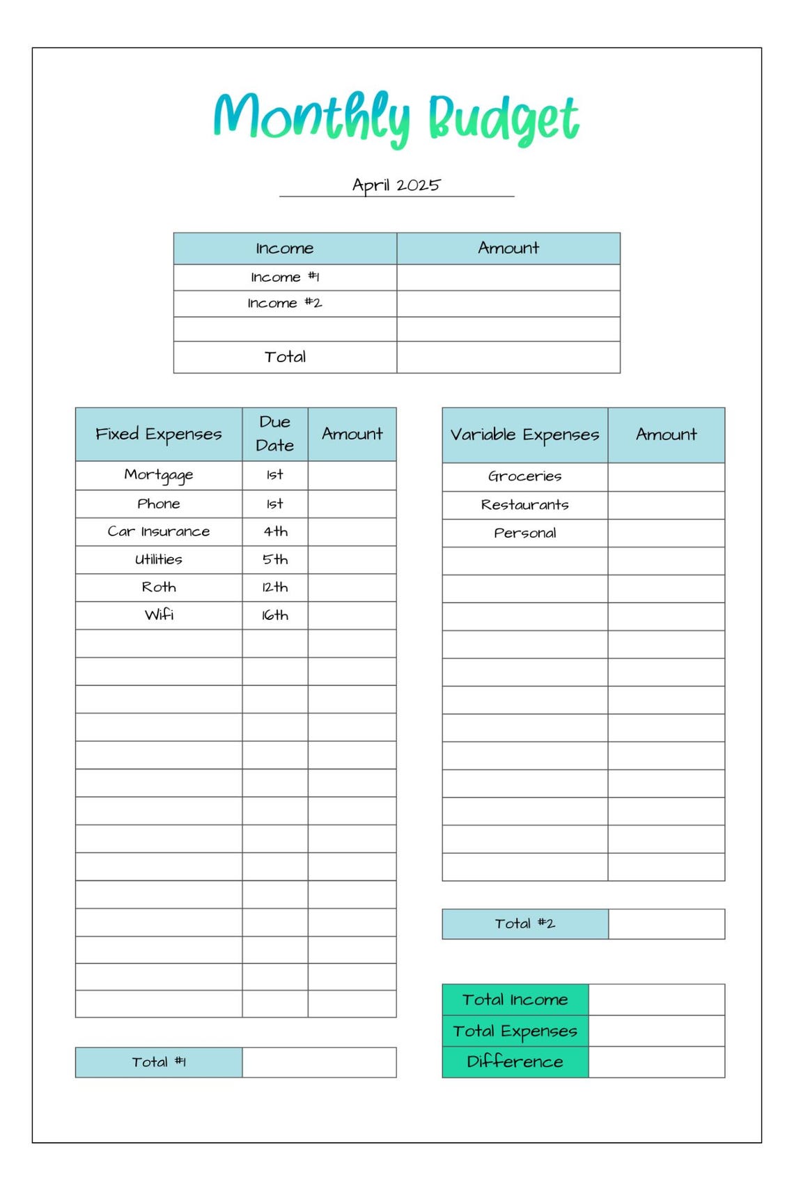 Printable Monthly Budget Sheet - Etsy