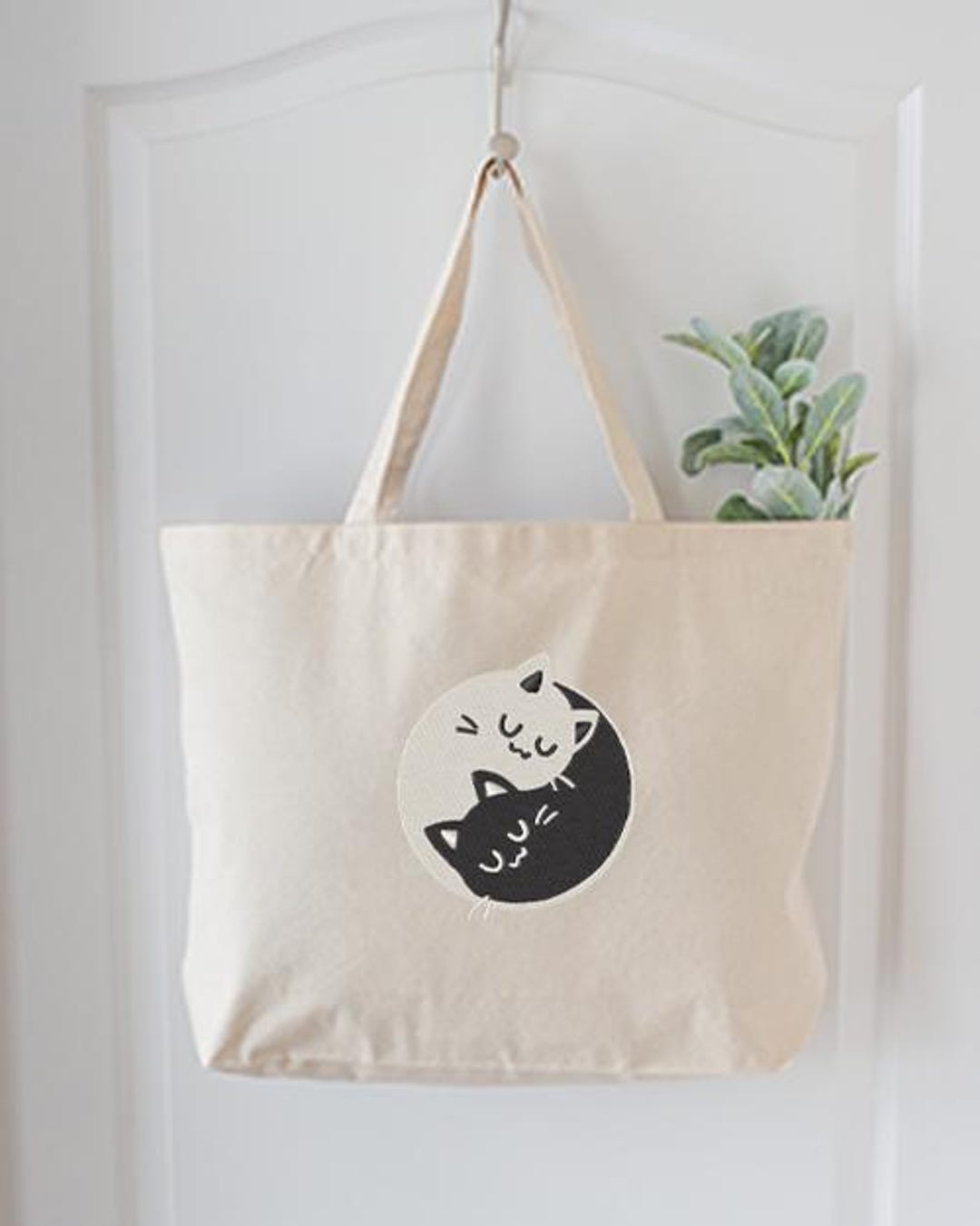 Embroidered Yin Yang Tote Bag, Cat Fan Bag, Cute Black and White Cat ...
