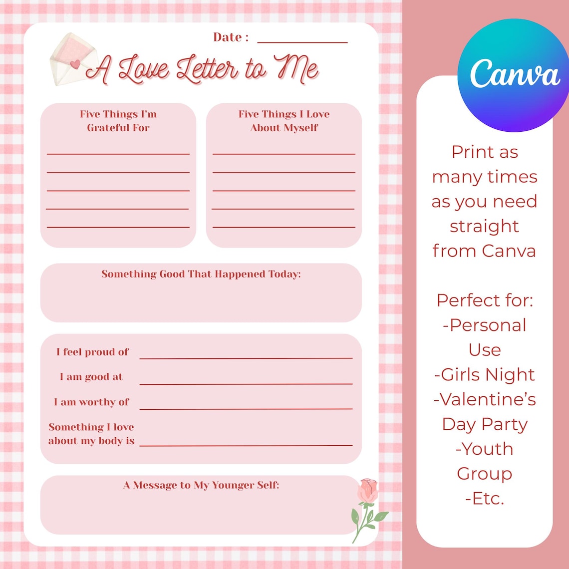 Self Love Journal Printable Self Love Letter Pink Letter to Self Love Letter for Her Girls Nigh ...