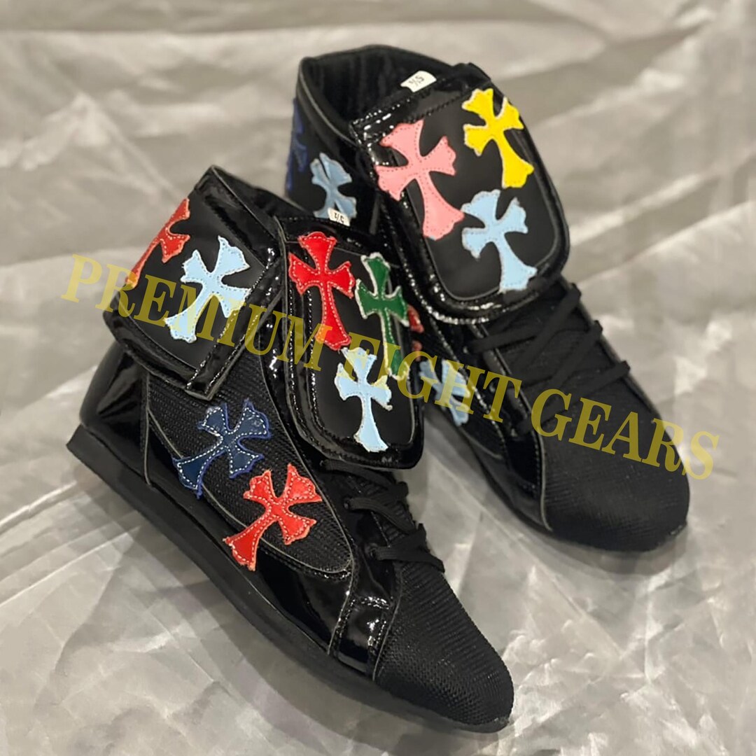 Handmade Boxing Shoes Black Leather With Colourful Cross Design, Custom ...
