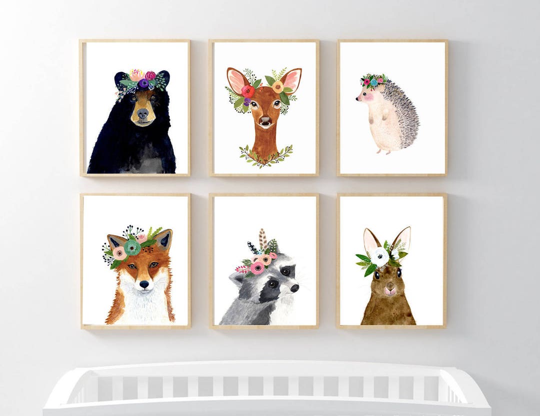 Woodland Animals Print Set, Set of 6 Prints, Raccoon, Hedgehog, Fox ...