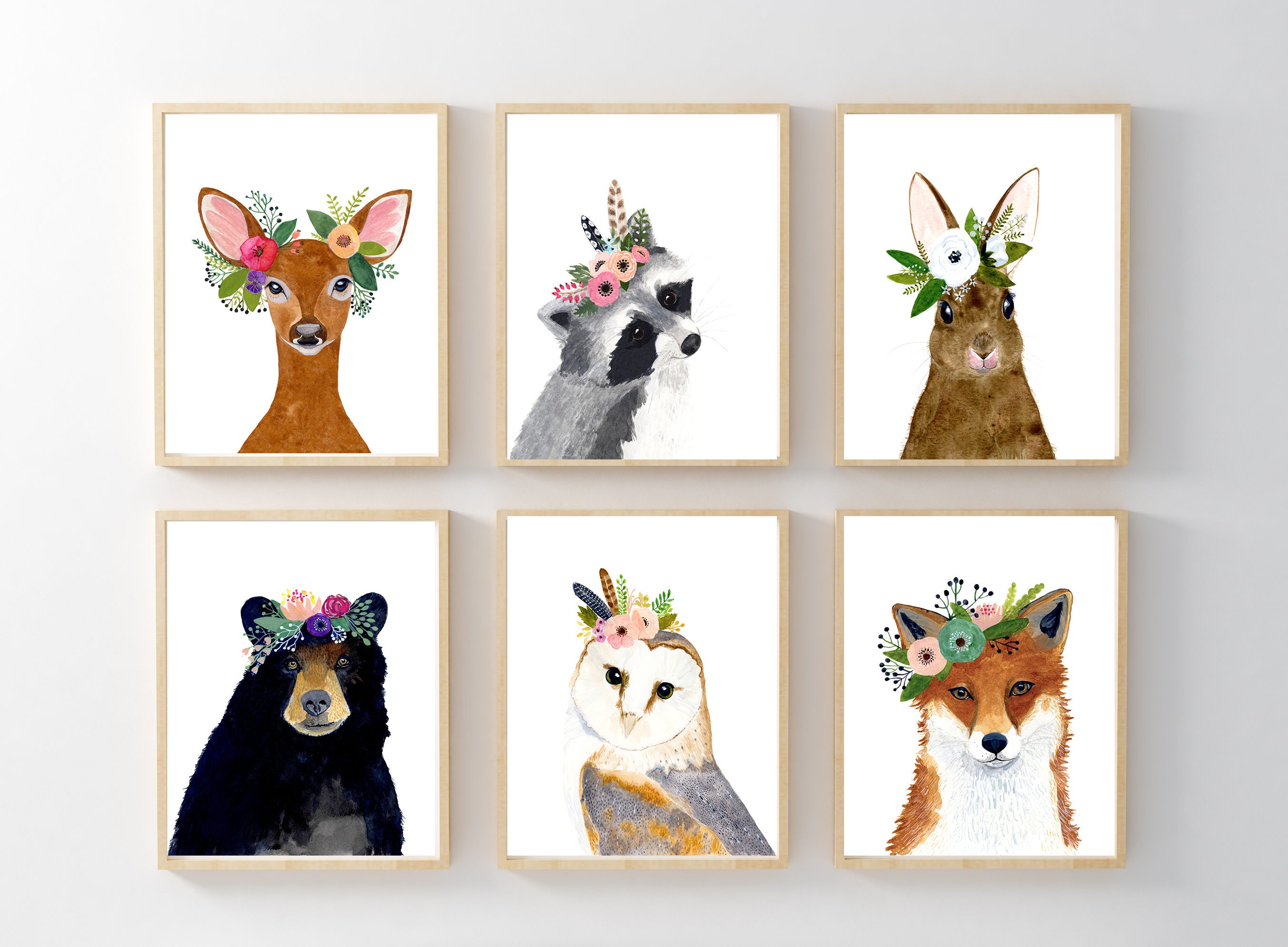 Flower crown animals Woodland animals print set Set of 6 | Etsy