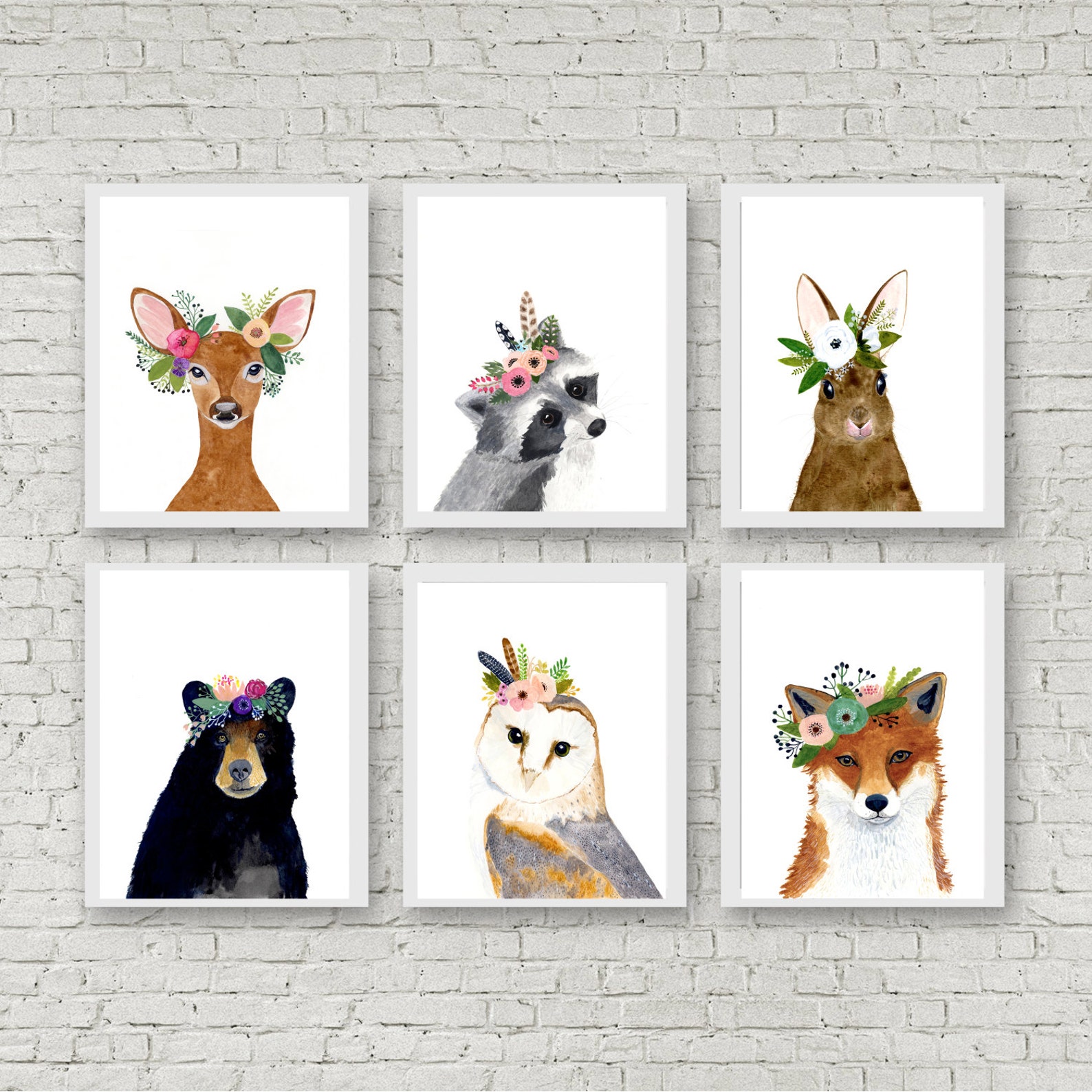 Flower Crown Animals Woodland Animals Print Set Set of 6 - Etsy