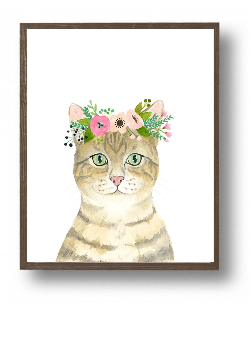 Watercolor Cats. Set of 3, Flower Crown Cats, Animal Paintings ...