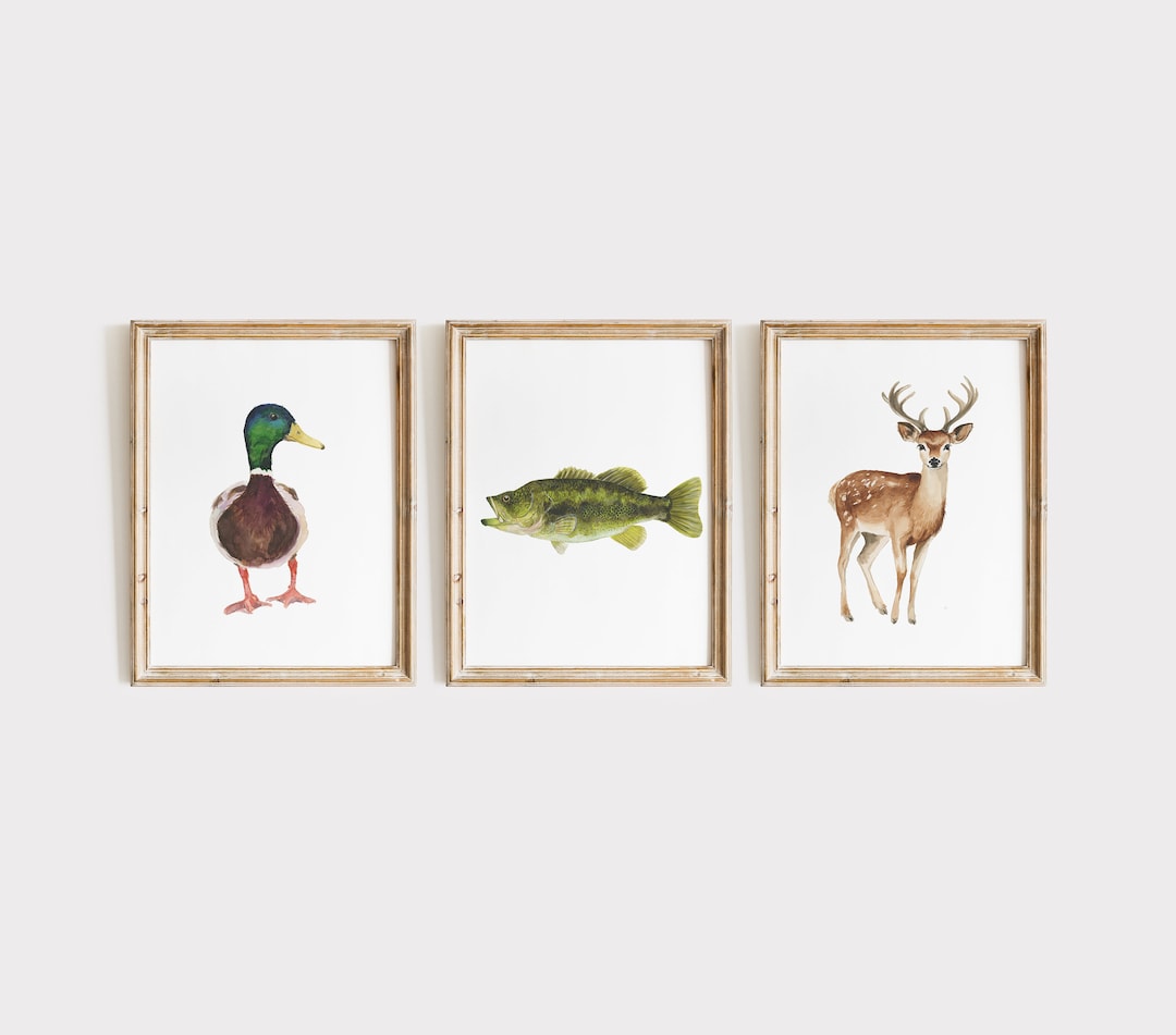 Watercolor Fishing Hunting Art Set, Fishing Art Print, Nursery Hunting ...