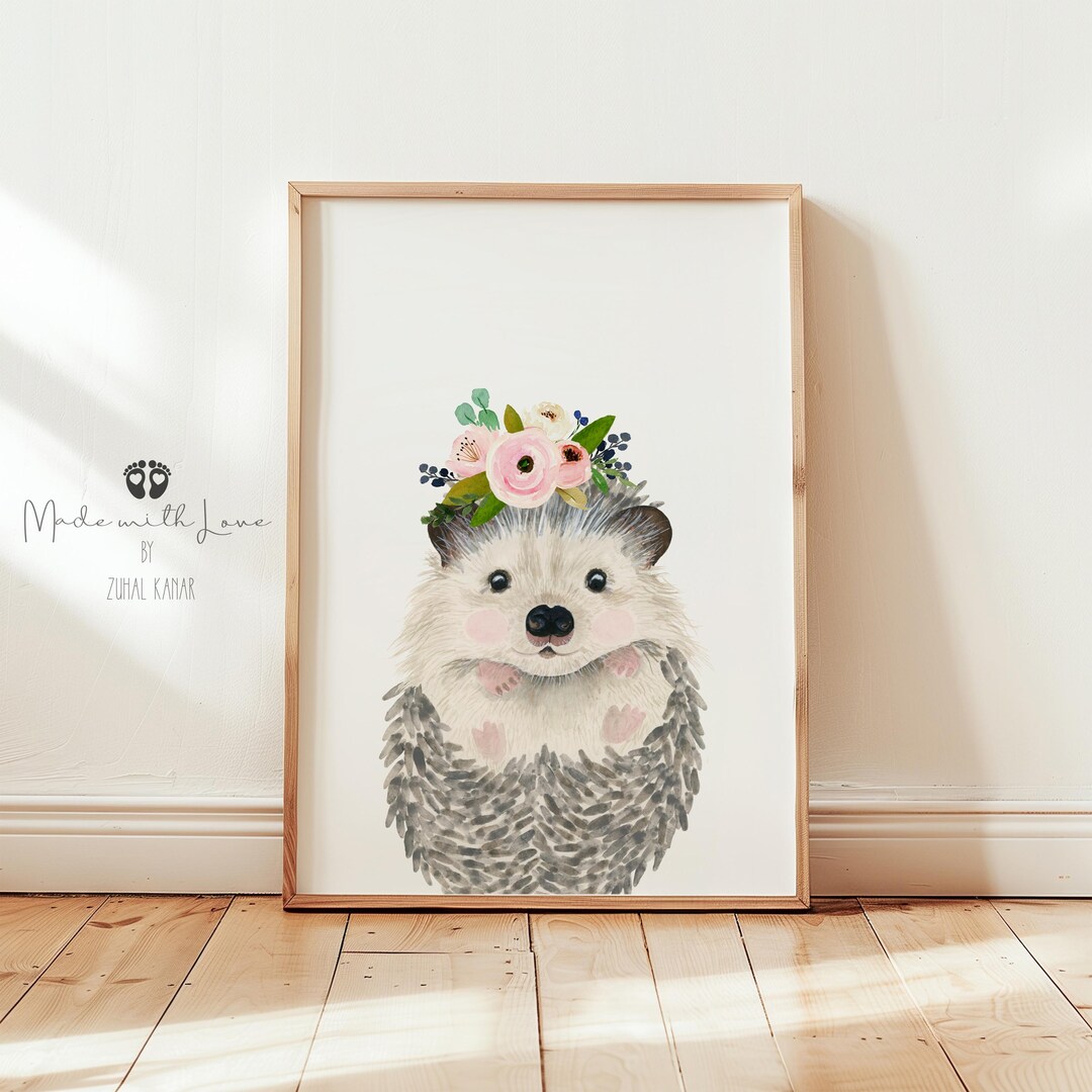 Hedgehog Watercolor Nursery Art, Hedgehog Print, Floral Girl Nursery ...