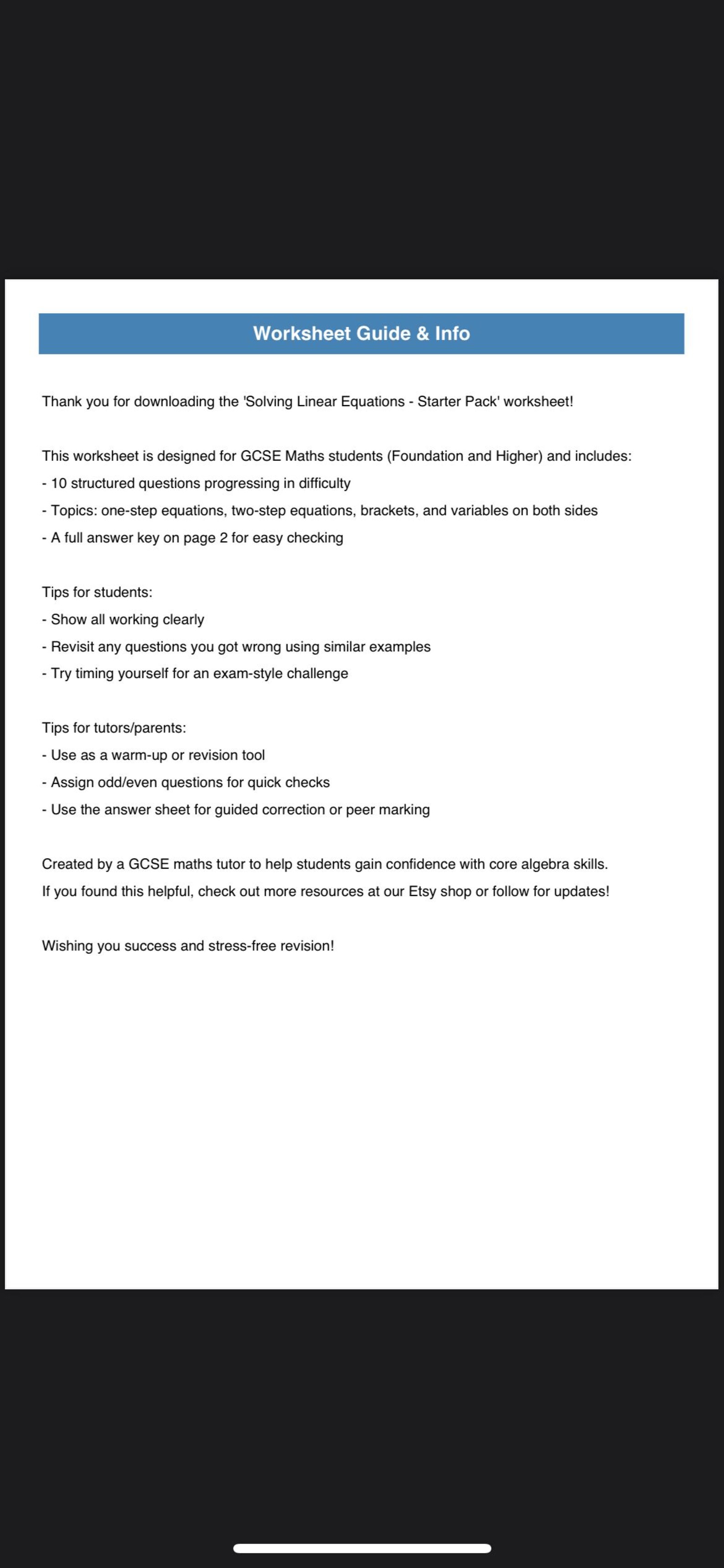 GCSE Maths Worksheet: Solving Linear Equations | Printable PDF With ...
