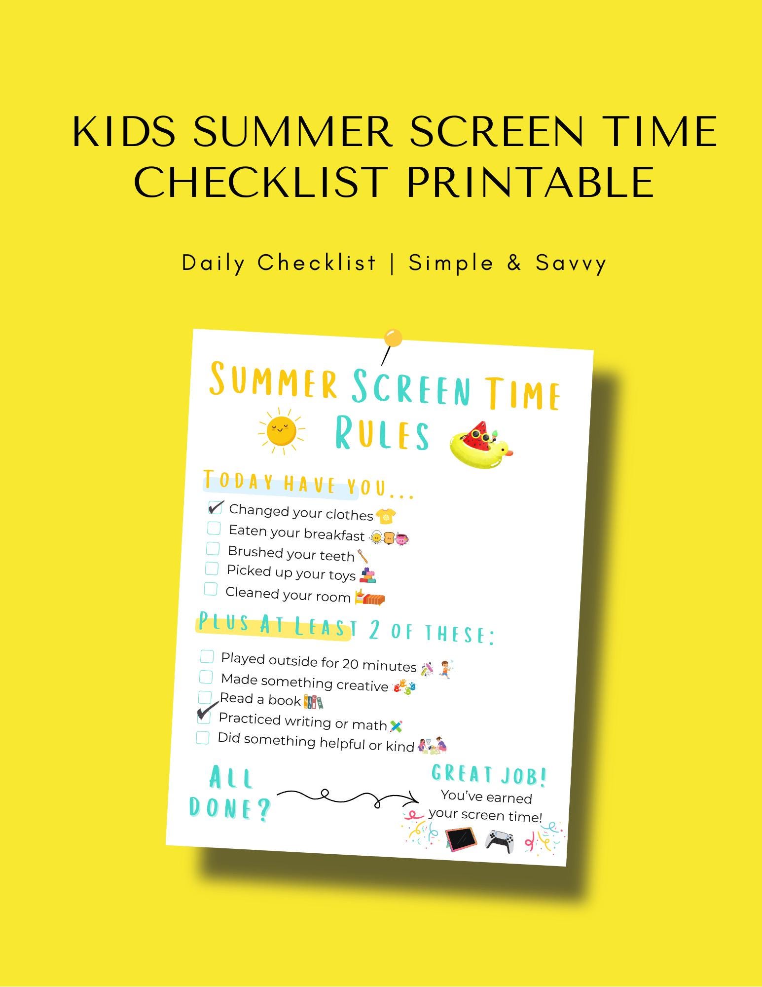 Kids Screen Time Checklist Printable | Daily Routine Chart for Summer ...