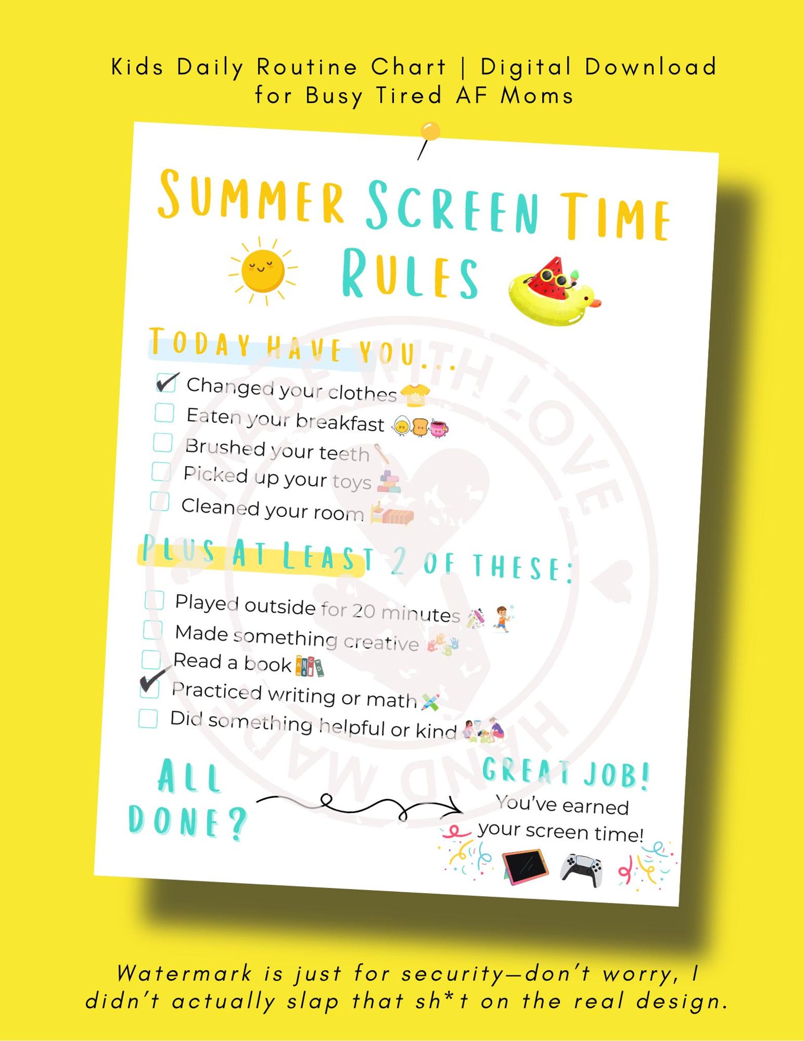 Kids Screen Time Checklist Printable | Daily Routine Chart for Summer ...