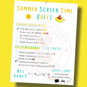 Kids Screen Time Checklist Printable | Daily Routine Chart for Summer ...